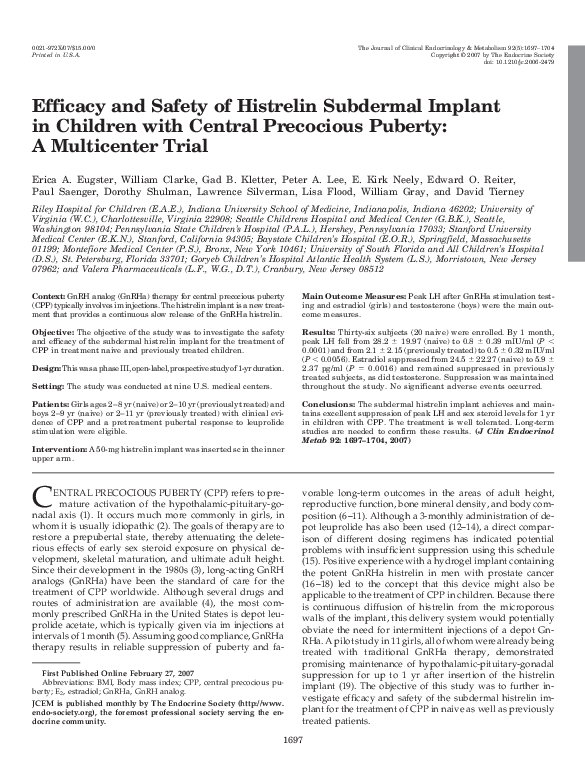 (PDF) Efficacy and Safety of Histrelin Subdermal Implant in Children ...