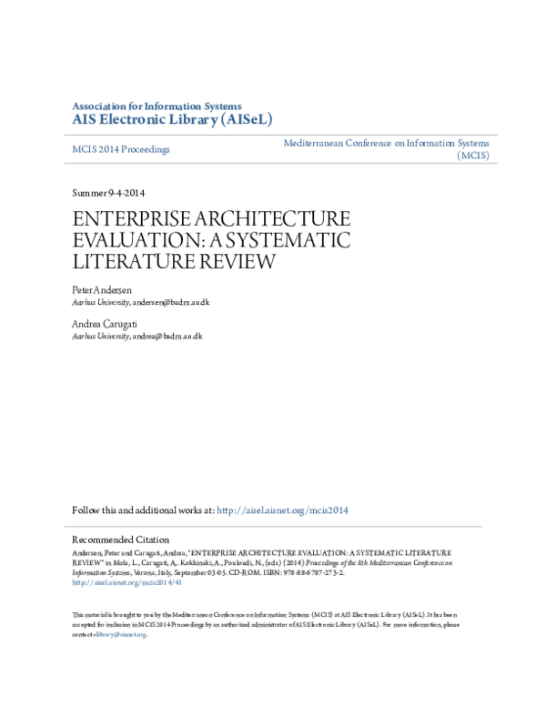 Pdf Enterprise Architecture Evaluation A Systematic Literature Review