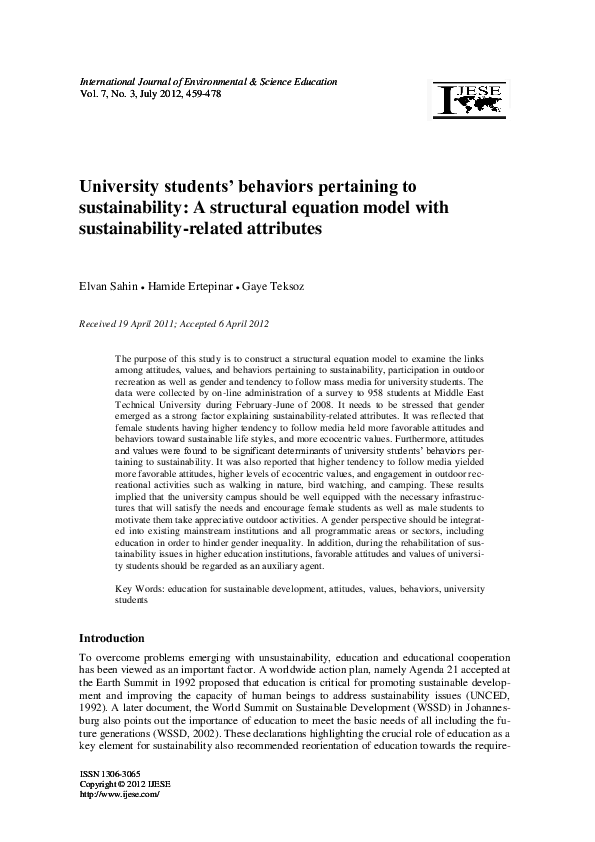 (PDF) University Students' Behaviors Pertaining to Sustainability: A ... (PDF) University Students' Behaviors Pertaining to Sustainability: A ...