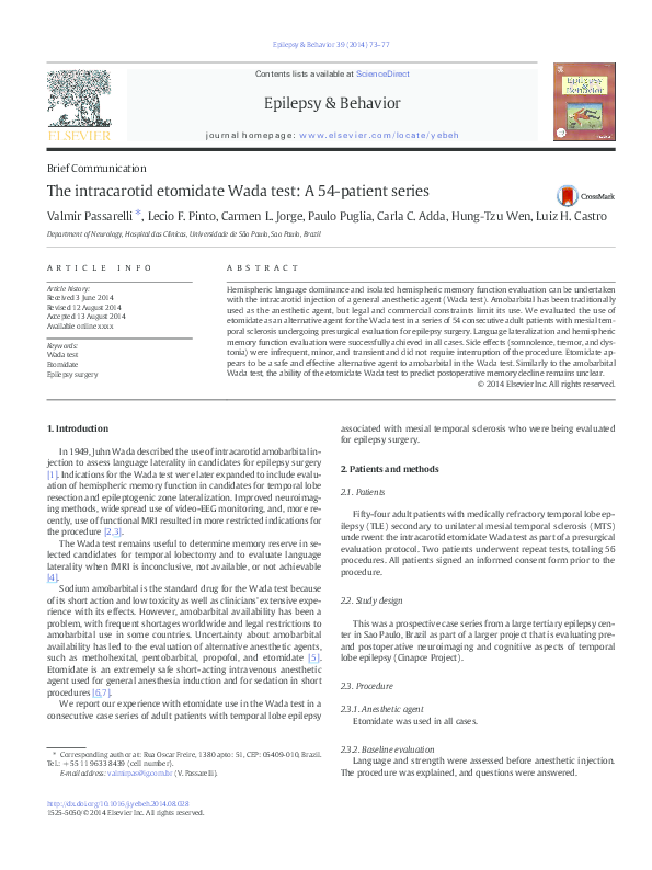 (PDF) The intracarotid etomidate Wada test: A 54-patient series