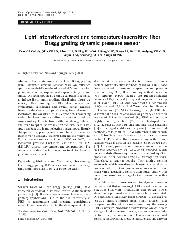 (PDF) Light intensity-referred and temperature-insensitive fiber Bragg grating dynamic pressure ...