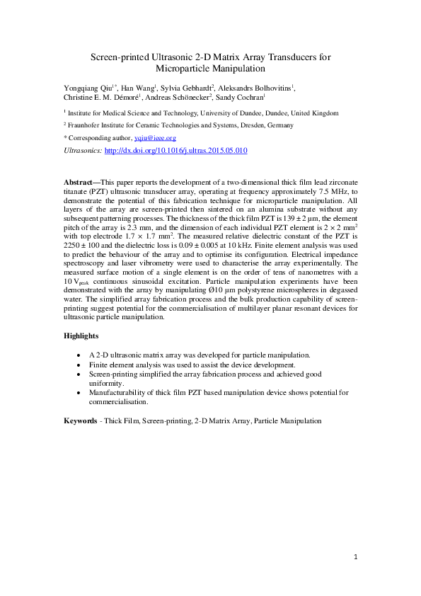 (PDF) Screen-printed ultrasonic 2-D matrix array transducers for ...