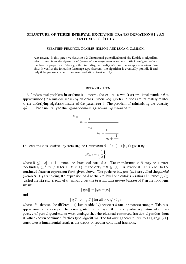 (PDF) Structure of Three Interval Exchange Transformations I : An Arithmetic Study