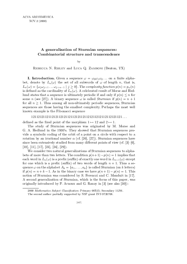 (PDF) A generalization of Sturmian sequences: combinatorial structure and transcendence