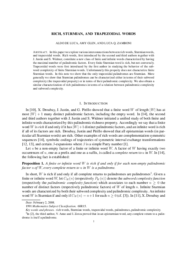 (PDF) Rich, Sturmian, and trapezoidal words | Luca Zamboni - Academia.edu