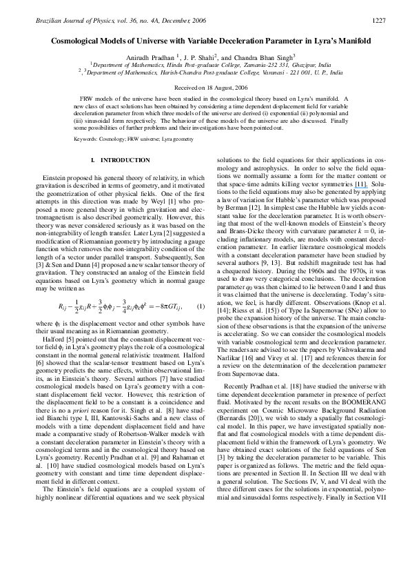(PDF) Cosmological models of universe with variable deceleration parameter in Lyra's manifold