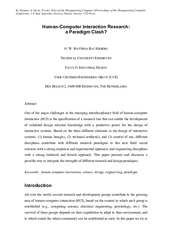 Pdf Human Computer Interaction Research A Paradigm Clash