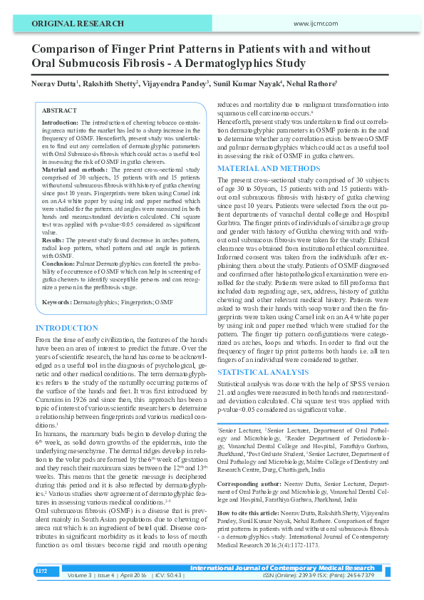 (PDF) Comparison of Finger Print Patterns in Patients with and without ...