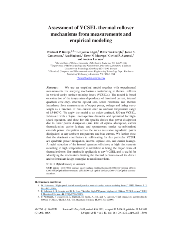 (PDF) Assessment of VCSEL thermal rollover mechanisms from measurements and empirical modeling
