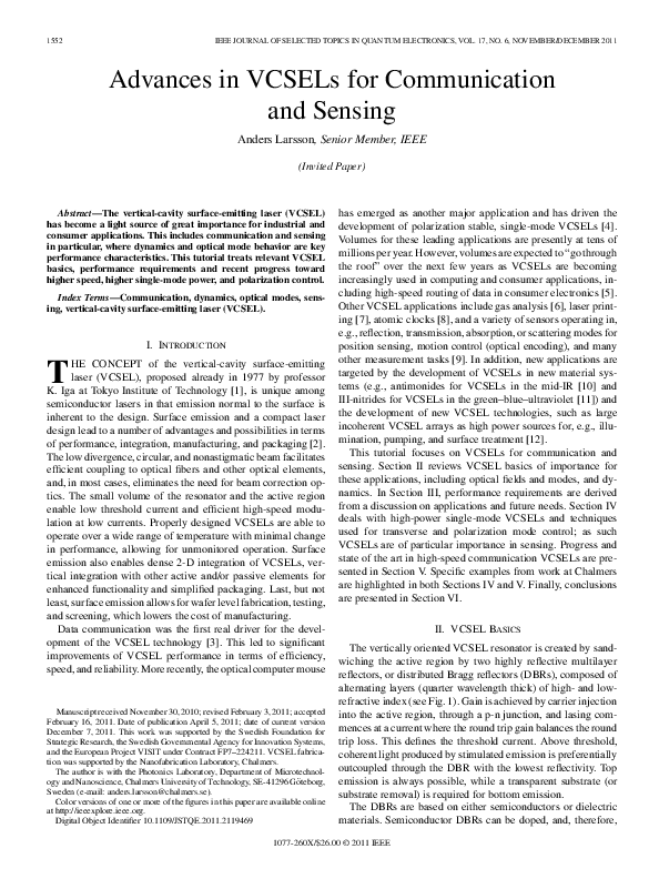 (PDF) Advances in VCSELs for Communication and Sensing