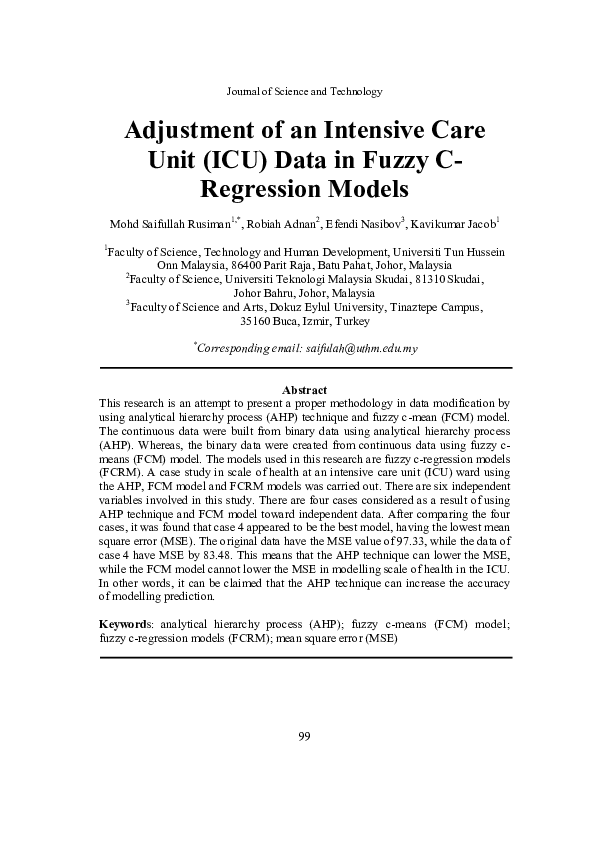Pdf Adjustment Of An Intensive Care Unit Icu Data In Fuzzy C