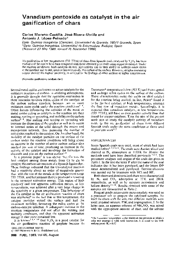 (PDF) Vanadium pentoxide as catalyst in the air gasification of chars
