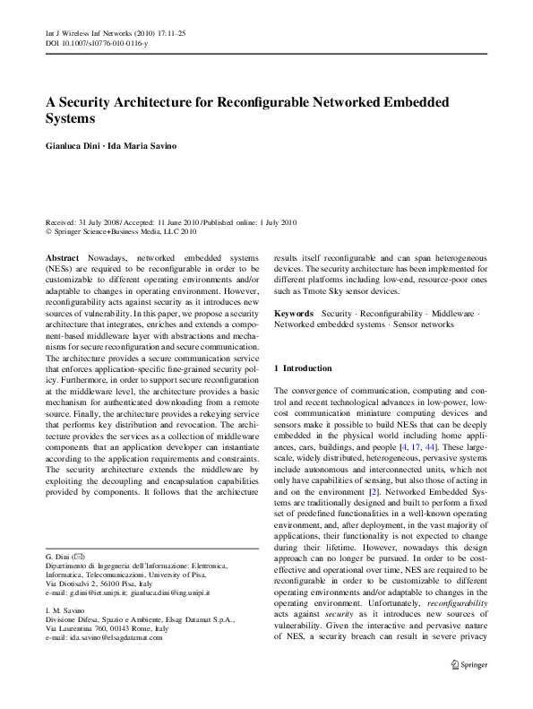 Pdf A Security Architecture For Reconfigurable Networked Embedded Systems