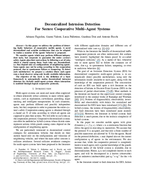 Pdf Decentralized Intrusion Detection For Secure Cooperative Multi Agent Systems