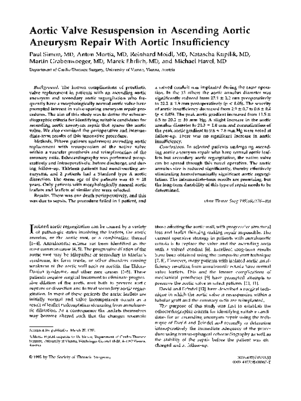 (PDF) Aortic valve resuspension in ascending aortic aneurysm repair ...