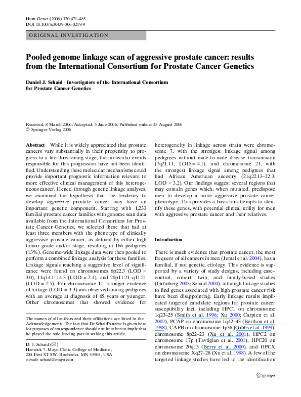 (PDF) Pooled genome linkage scan of aggressive prostate cancer: results ...