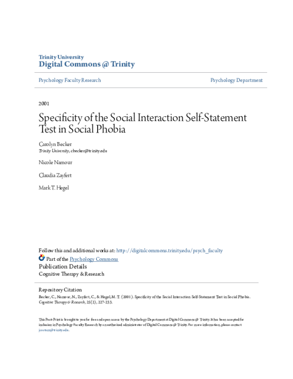 (PDF) Specificity of the social interaction self-statement test in ...