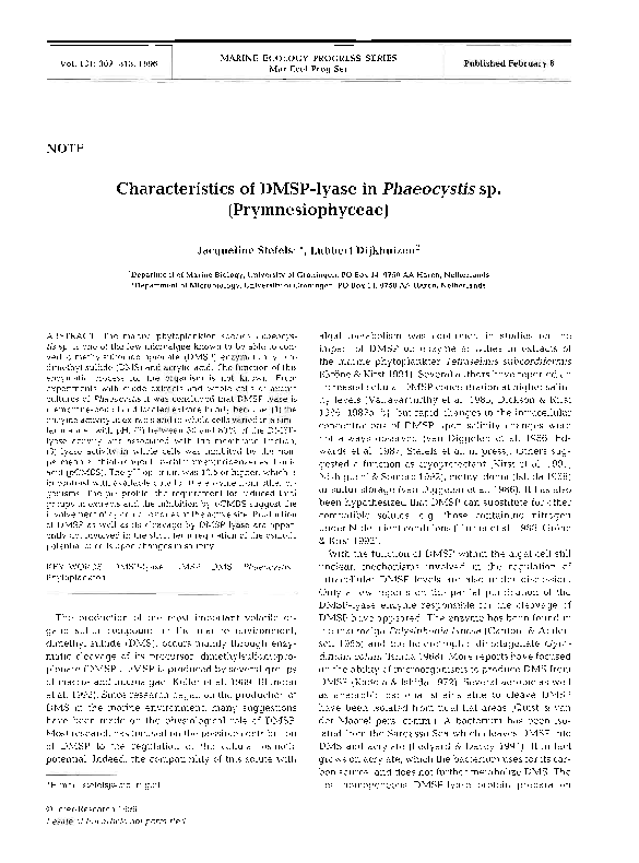 (PDF) Characteristics of DMSP-lyase in Phaeocystis sp. (Prymnesiophyceae)