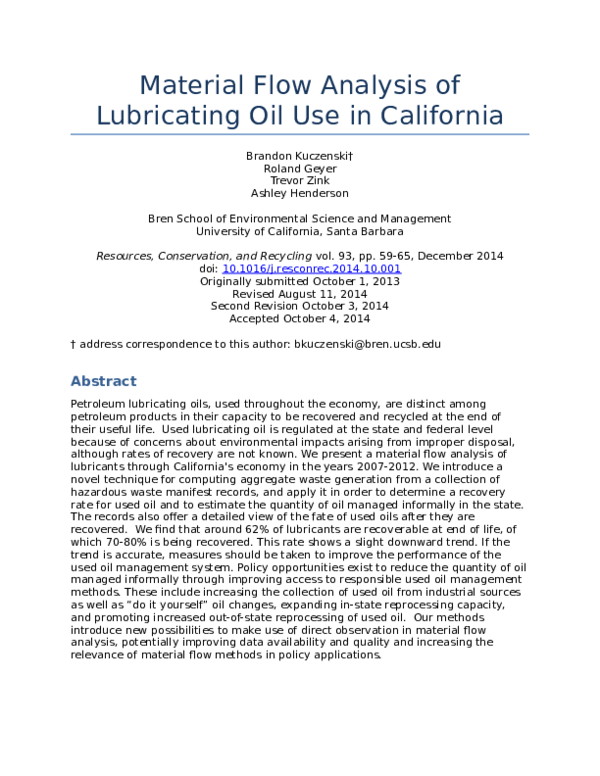 (DOC) Material flow analysis of lubricating oil use in California