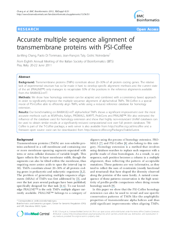 (PDF) Accurate multiple sequence alignment of transmembrane proteins with PSI-Coffee