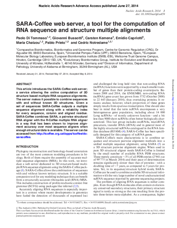 (PDF) SARA-Coffee web server, a tool for the computation of RNA sequence and structure multiple ...