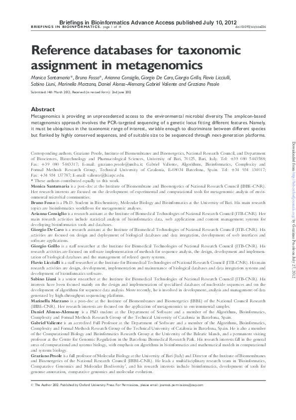 Pdf Reference Databases For Taxonomic Assignment In Metagenomics