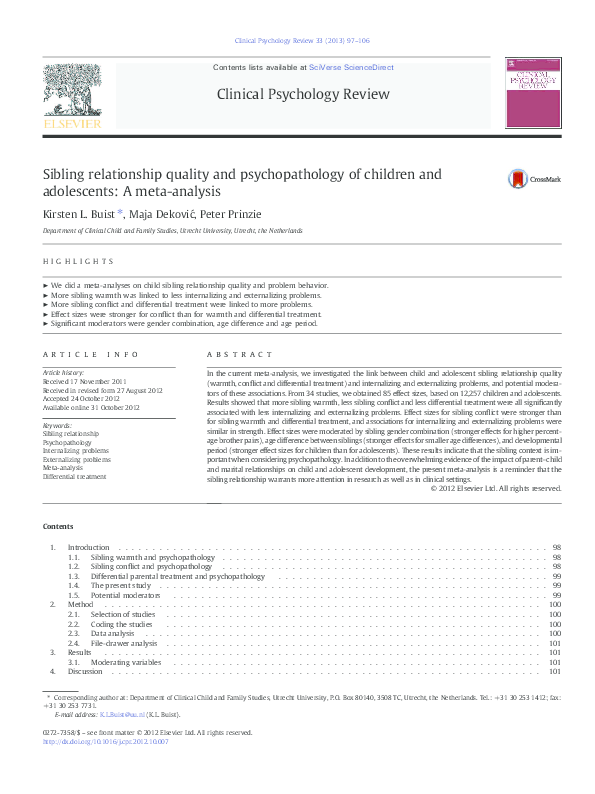 (PDF) Sibling relationship quality and psychopathology of children and ...