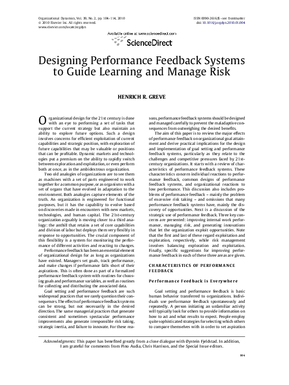 (PDF) Designing Performance Feedback Systems to Guide Learning and ...