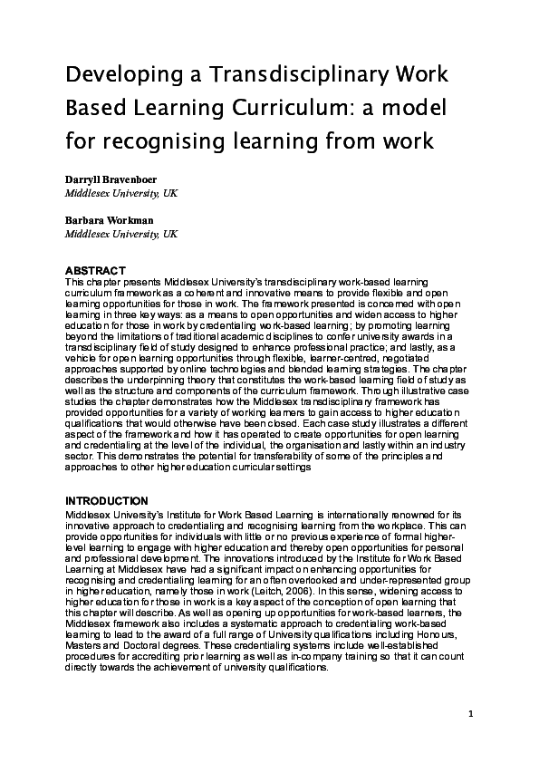 (PDF) Developing a Transdisciplinary Work Based Learning Curriculum: a ...