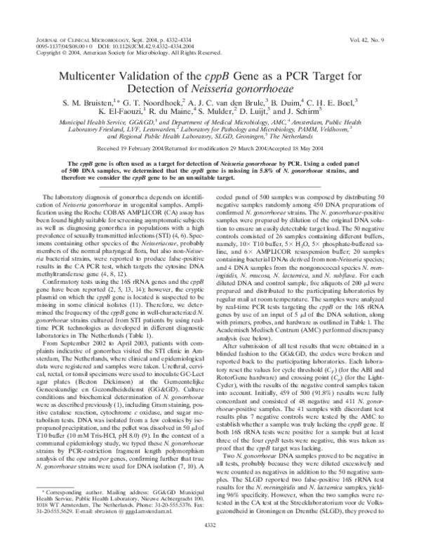 (PDF) Multicenter Validation of the cppB Gene as a PCR Target for Detection of Neisseria gonorrhoeae