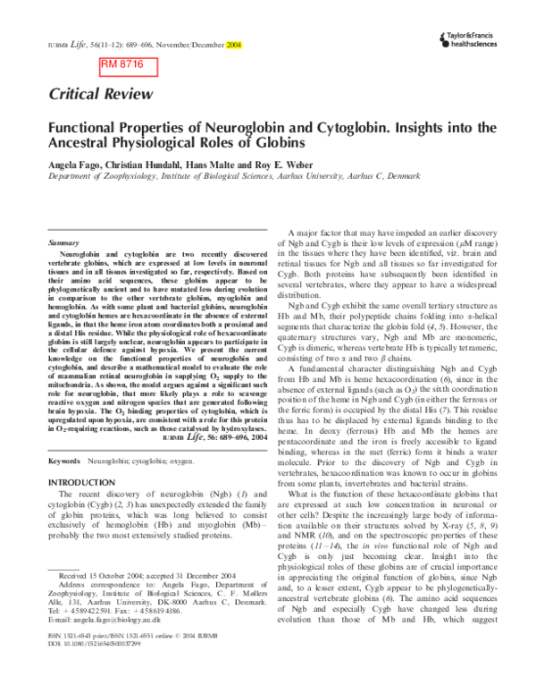 (PDF) Functional Properties of Neuroglobin and Cytoglobin. Insights ...