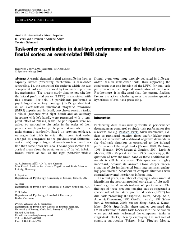 Pdf Task Order Coordination In Dual Task Performance And The Lateral Prefrontal Cortex An
