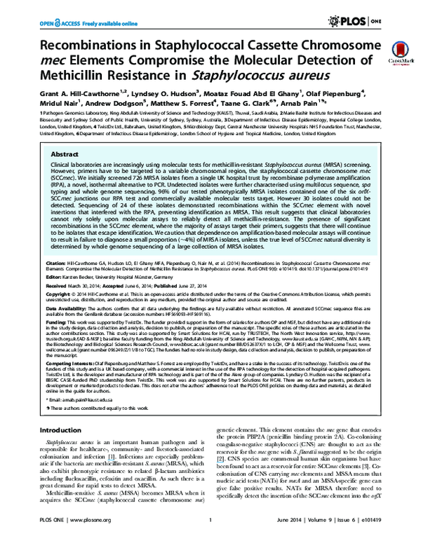 (PDF) Recombinations in staphylococcal cassette chromosome mec elements compromise the molecular ...