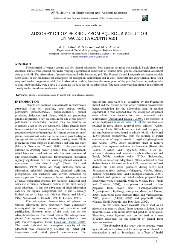 (PDF) Adsorption of Phenol from Aqueous Solution by Water Hyacinth Ash