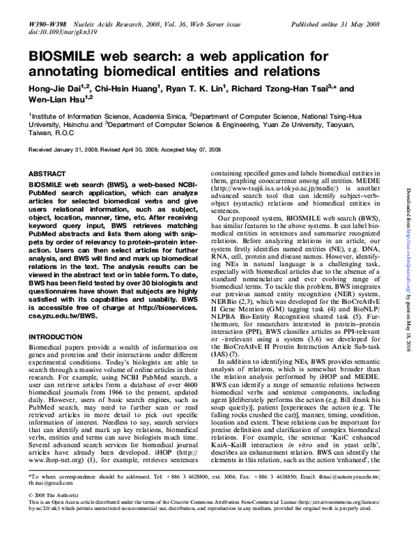 (PDF) BIOSMILE web search: a web application for annotating biomedical entities and relations