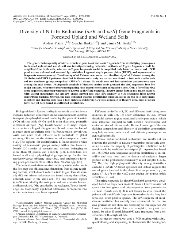 (PDF) Diversity of Nitrite Reductase (nirK and nirS) Gene Fragments in ...