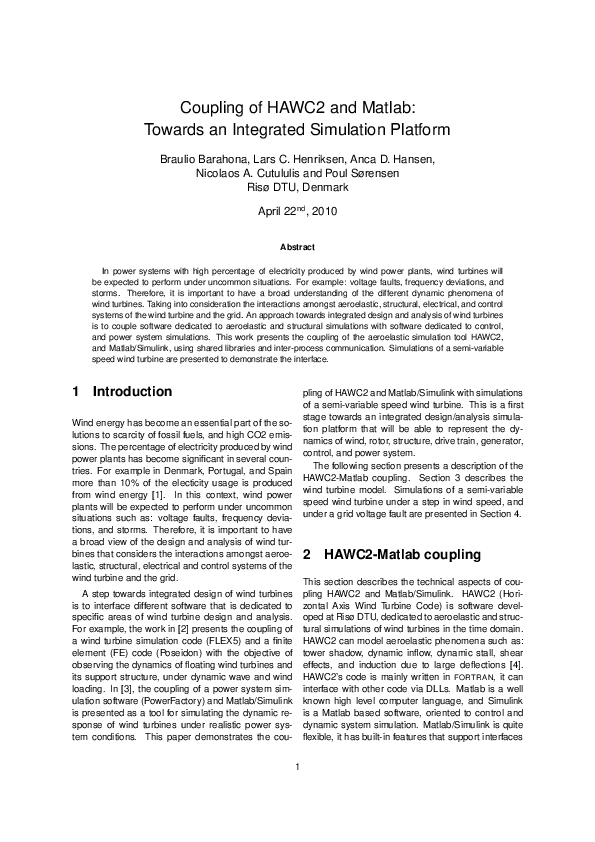 (PDF) Coupling of HAWC2 and Matlab: Towards an Integrated Simulation ...