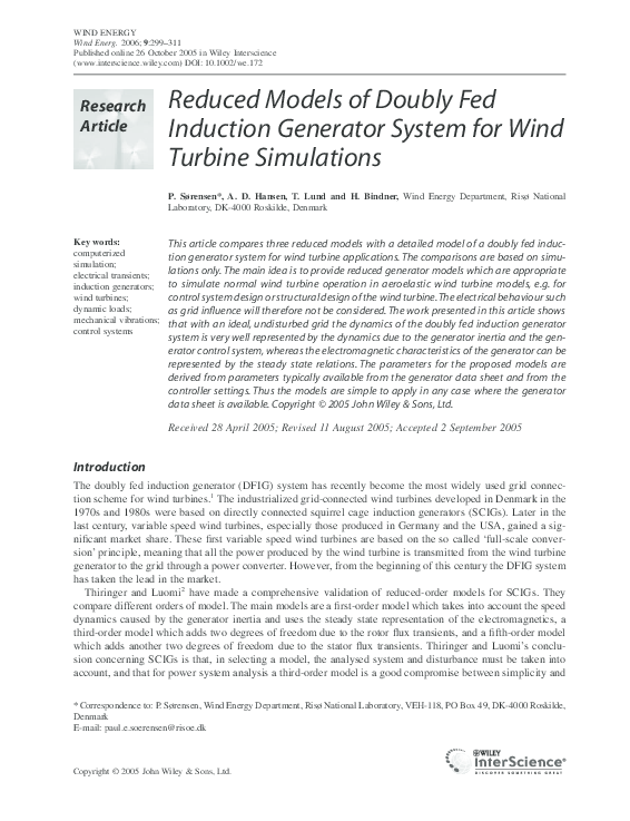 Pdf Reduced Models Of Doubly Fed Induction Generator System For Wind
