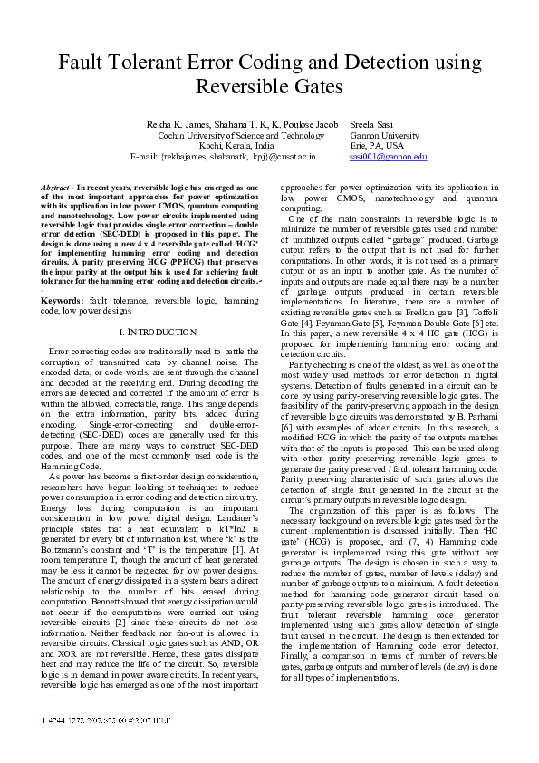 Pdf Fault Tolerant Error Coding And Detection Using Reversible Gates