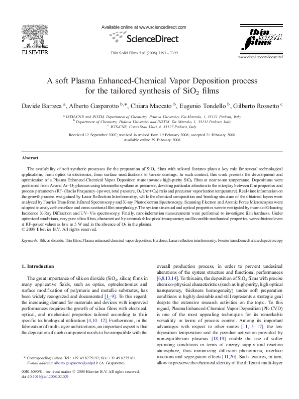 (PDF) A soft Plasma Enhanced-Chemical Vapor Deposition process for the ...