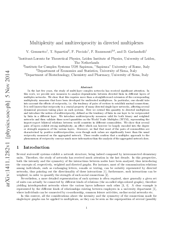 (PDF) Multiplexity and multireciprocity in directed multiplexes