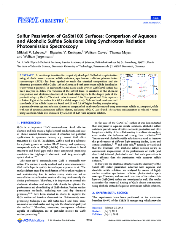 (PDF) Sulfur Passivation of GaSb(100) Surfaces: Comparison of Aqueous ...