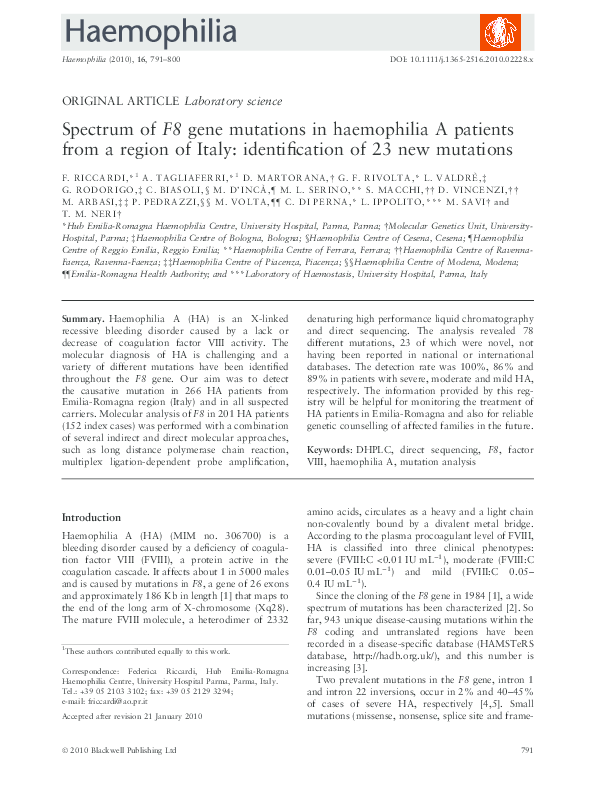 (PDF) Spectrum of F8 gene mutations in haemophilia A patients from a ...
