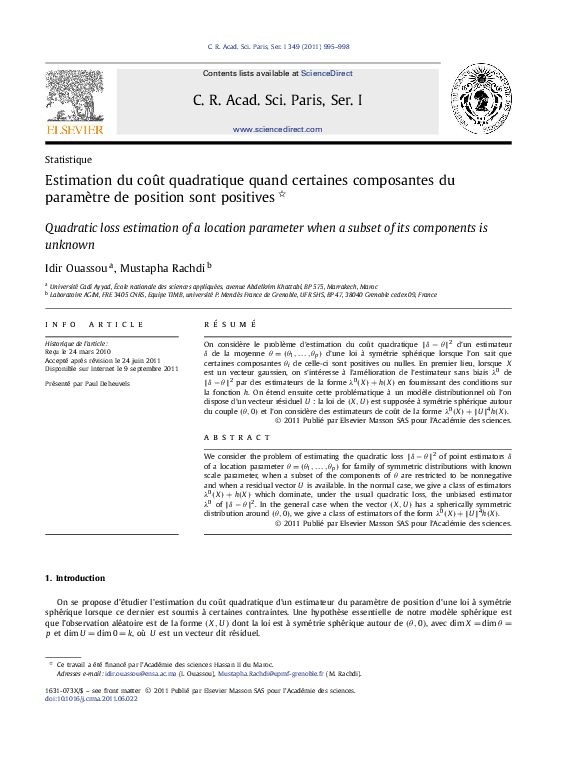 (PDF) Estimation du coût quadratique quand certaines composantes du ...