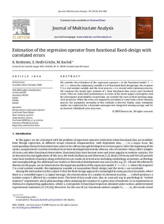(PDF) Estimation of the regression operator from functional fixed-design with correlated errors