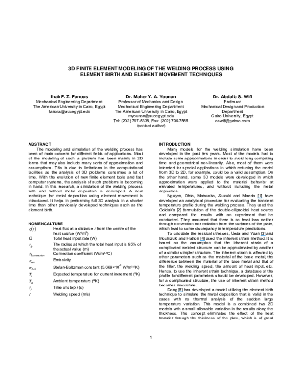 Pdf 3 D Finite Element Modeling Of The Welding Process Using Element