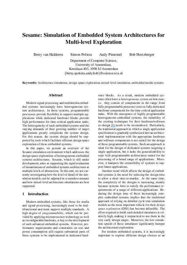 (PDF) Sesame: Simulation of Embedded System Architectures for Multi-level Exploration