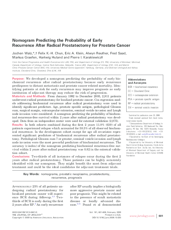 (PDF) Nomogram Predicting the Probability of Early Recurrence After Radical Prostatectomy for ...