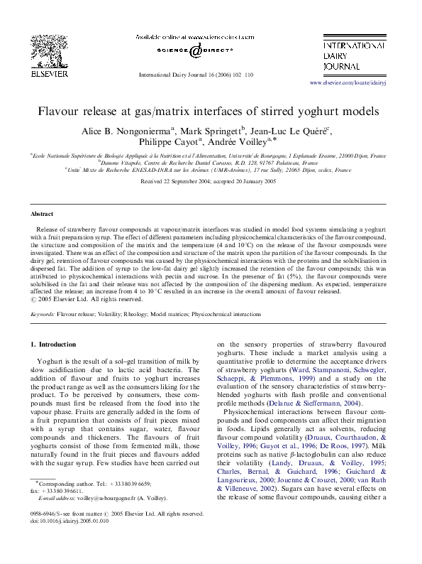 (PDF) Flavour release at gas/matrix interfaces of stirred yoghurt models