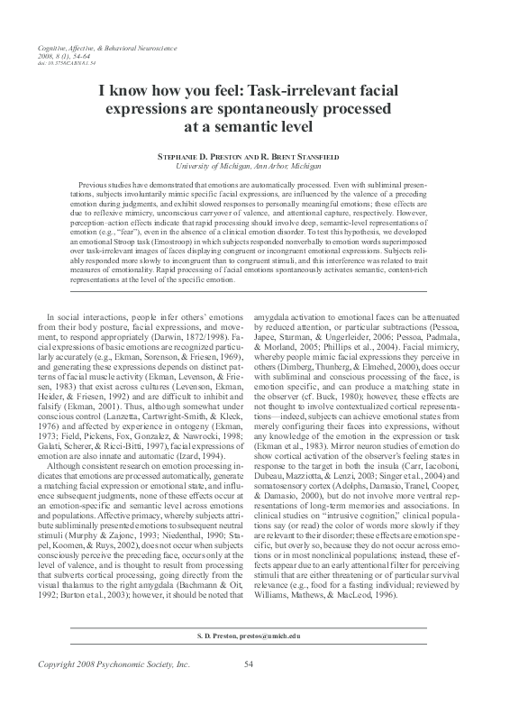 (PDF) I know how you feel: Task-irrelevant facial expressions are spontaneously processed at a ...